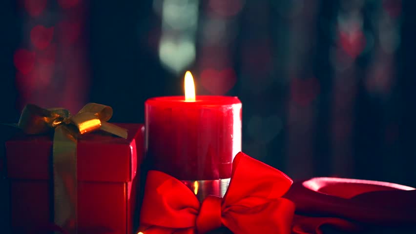 Valentine's Day. Beautiful Valentine Scene With Red Hearts Candles ...