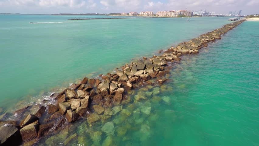 4k Aerial Video Miami Beach Rock Jetty And Pier At South Beach Stock ...