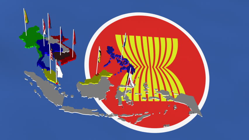 National Flags Of Southeast Asia Countries ( ASEAN ) Waving Atop, Blue ...