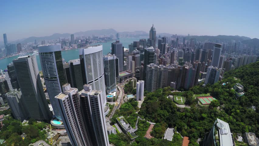 Hong Kong City Aerial Track Shot. Beautiful Clear Blue Sky. 4K Aerial ...