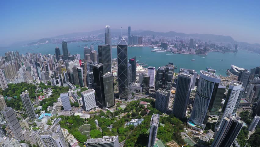 Hong Kong City Aerial Track Shot. Beautiful Clear Blue Sky. 4K Aerial ...